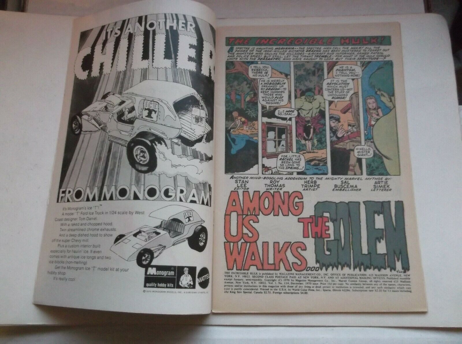 Marvel: Incredible Hulk #134, "Among US Walks...the Golem", 1970, VF (8 ...