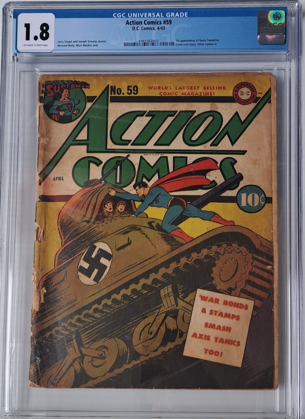 Action Comics #59 CGC 1.8 1st Susie Tompkins Cinderella Story Hitler ...