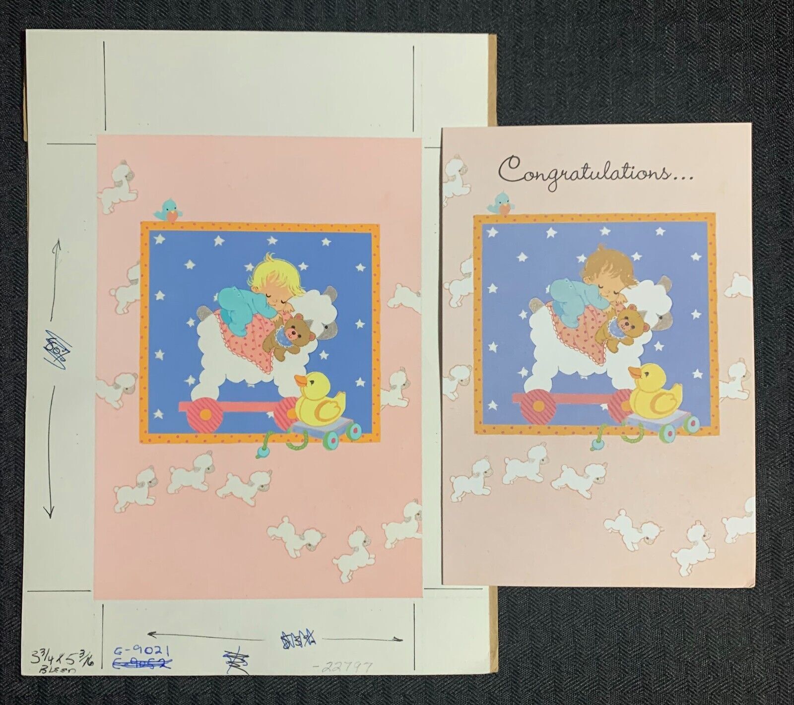 CONGRATULATIONS Sleeping Baby on Lamb 7x9.5" Greeting Card Art #9021 w ...