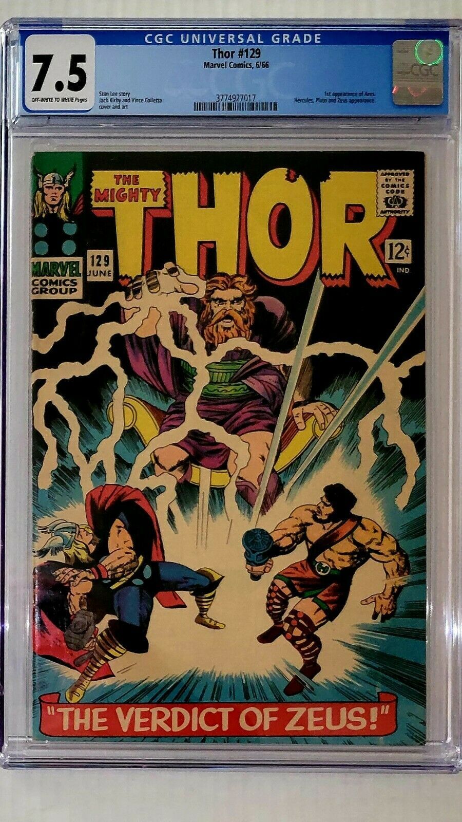 THOR #129 (Marvel 1966) CGC 7.5 Lee & Kirby, 1st Ares + Hercules, Pluto ...