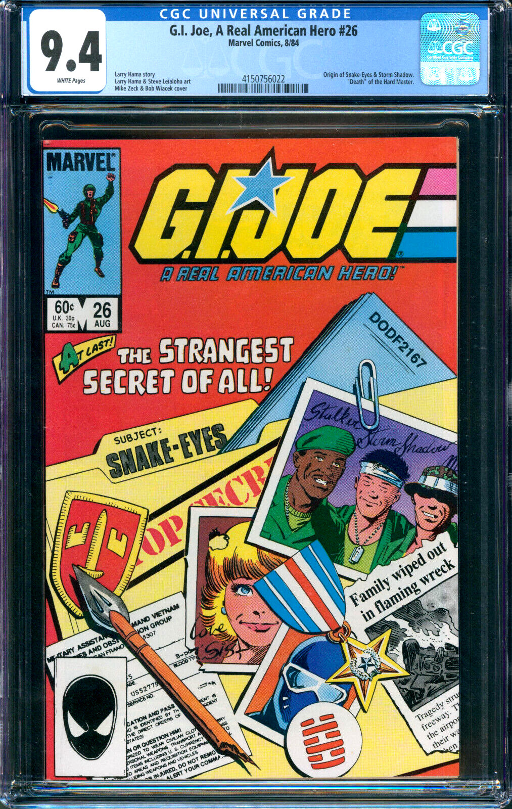 GI Joe #26 Marvel Comics 1984 CGC 9.4 Origin of Snake Eyes / Storm ...