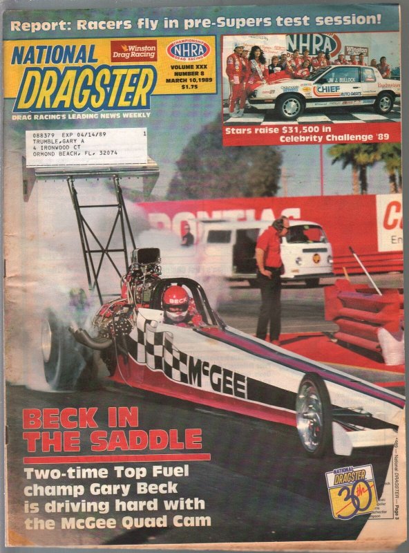 National Dragster-NHRA 3/10/1989-Gary Beck-pre-Supers Test Session-VG ...