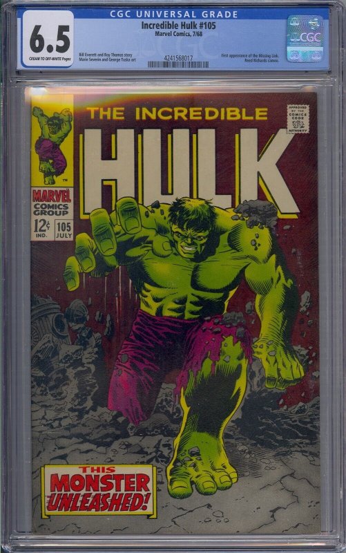 Incredible Hulk #105 CGC 6.5 1st Missing Link Reed Richards George ...