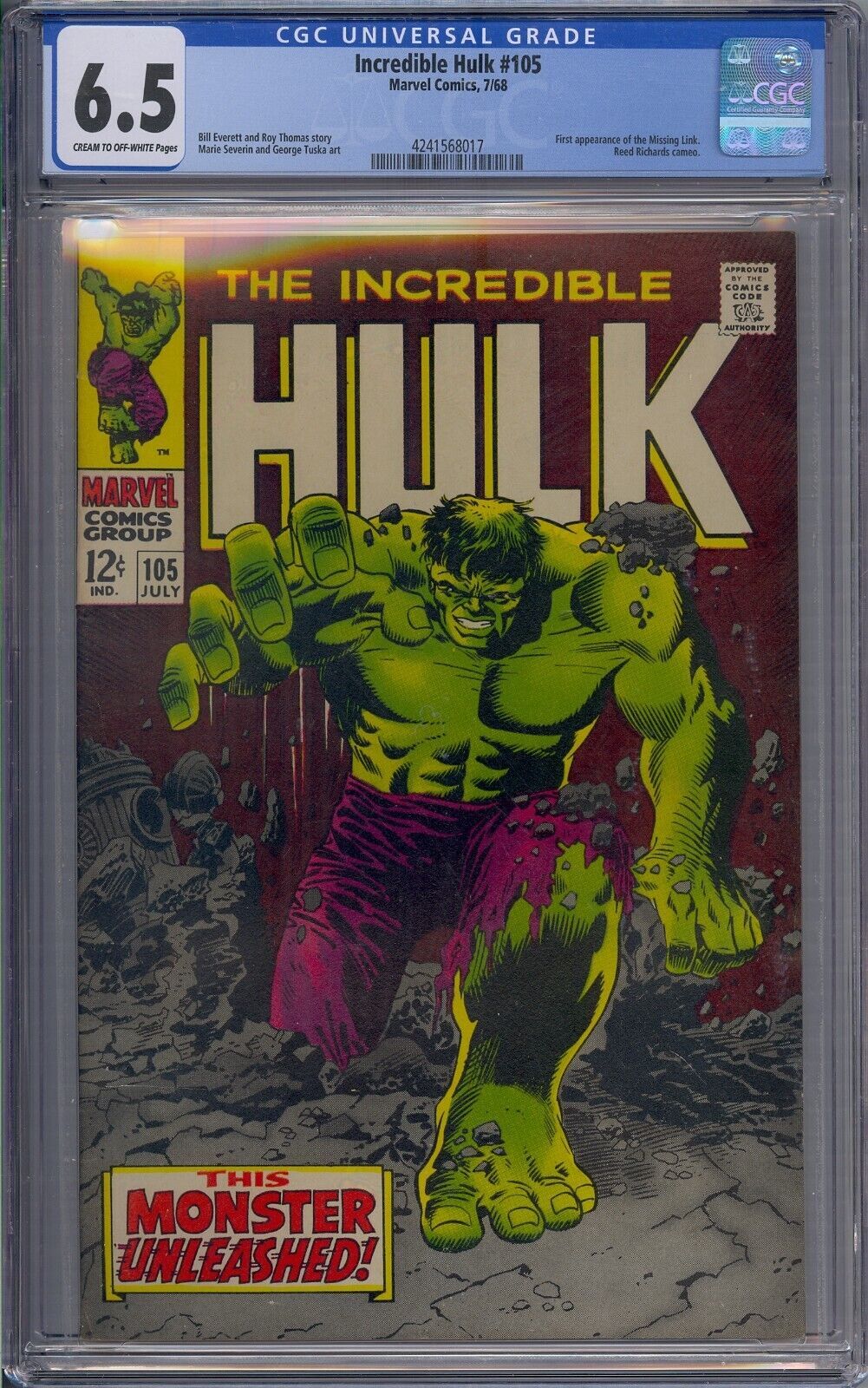 Incredible Hulk #105 CGC 6.5 1st Missing Link Reed Richards George ...