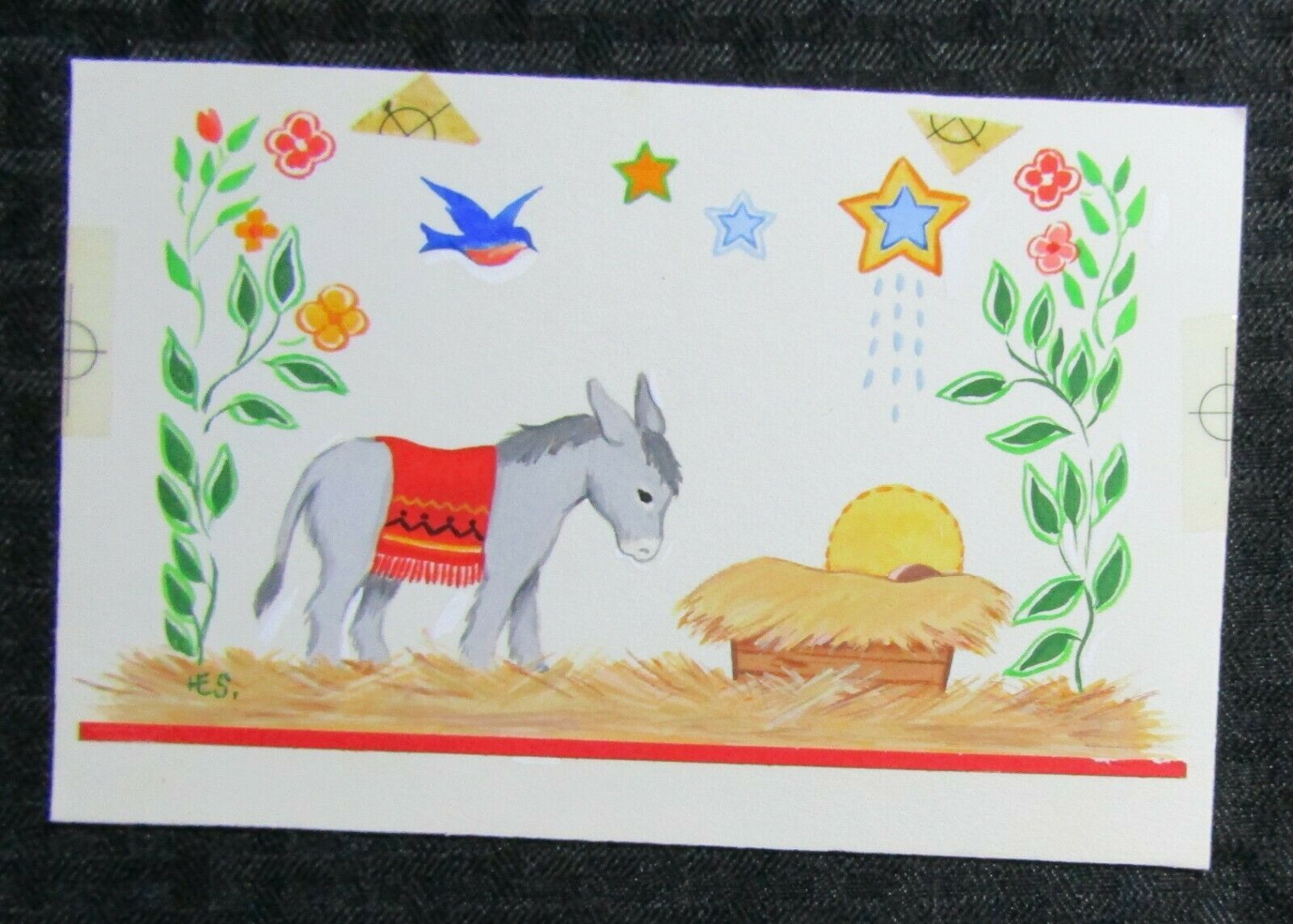 RELIGIOUS Baby Jesus in Crib w/ Donkey Bird Star 7x4.5" Greeting Card ...