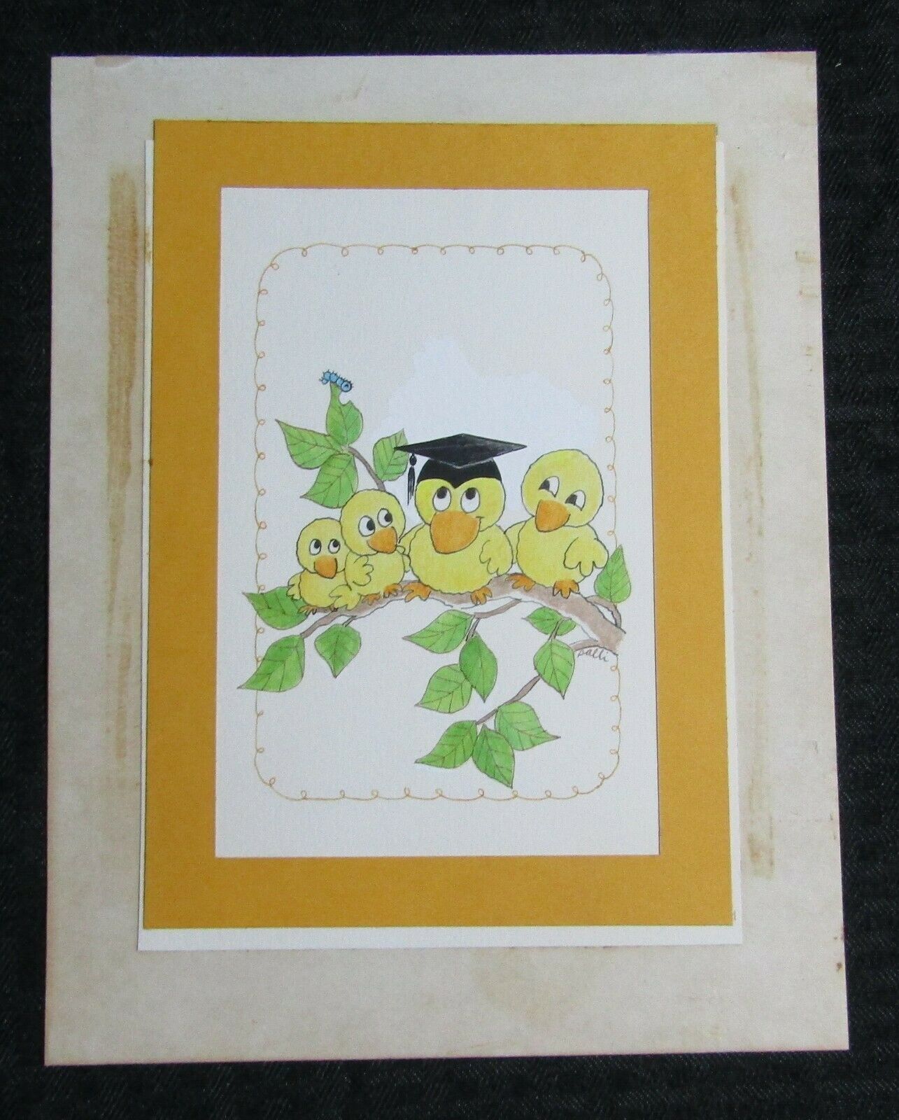 GRADUATION Four Cartoon Birds on Branch w/ Cap 7x9" Greeting Card Art # ...