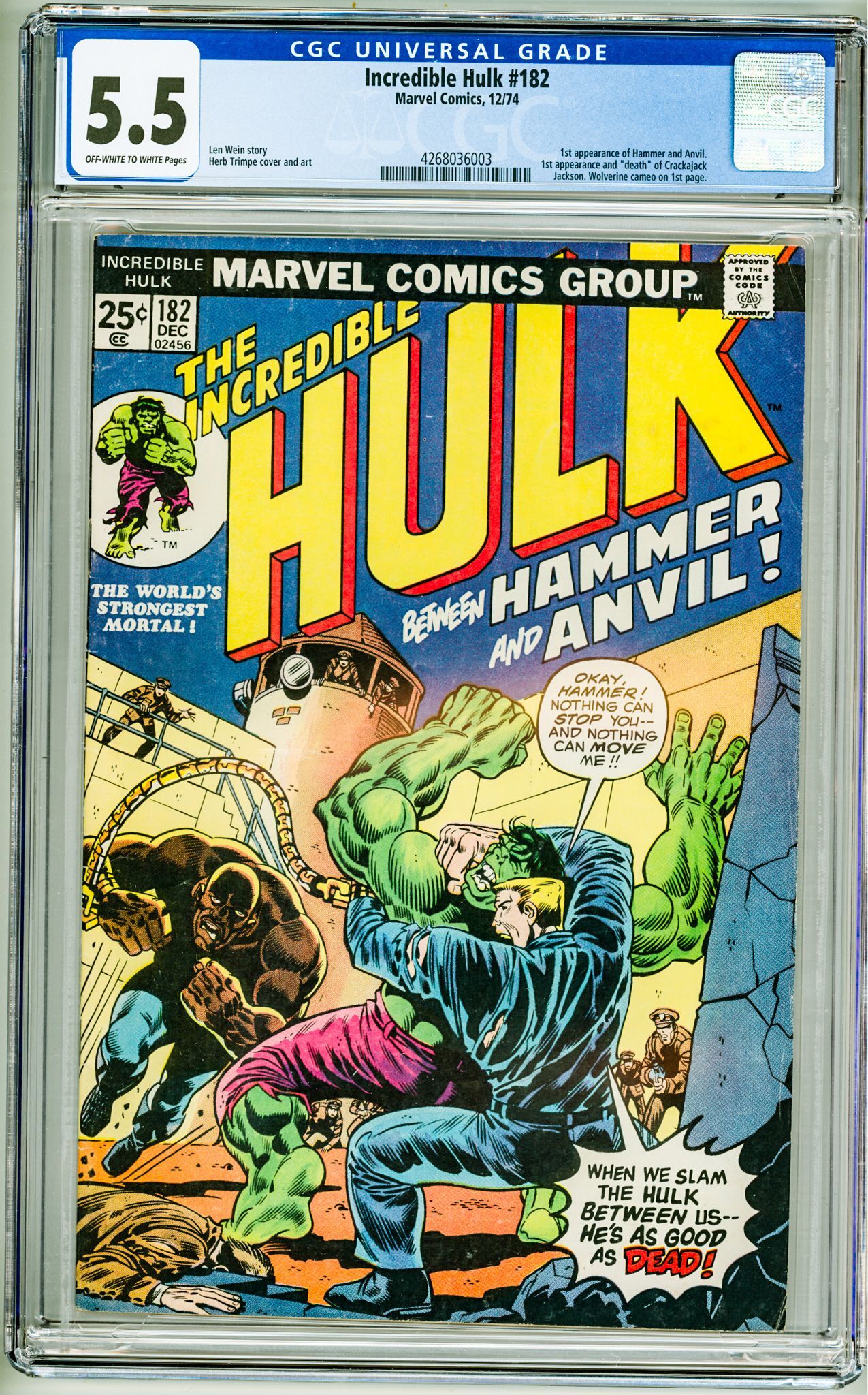 The Incredible Hulk #182 (1974) CGC 5.5! 1st Appearance of Hammer and ...
