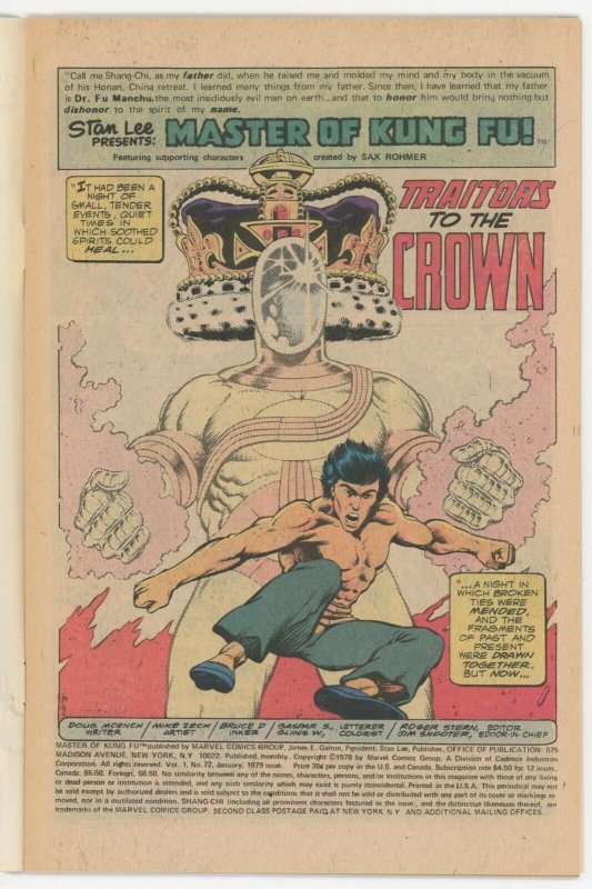Master of Kung Fu 72 VFNM 9.0 Bronze Age Marvel 1979 Fu Manchu Shang ...