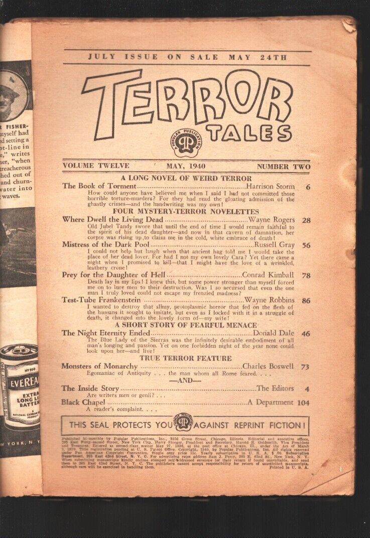 PULP: Terror Tales 5/1940-"Test Tube Frankenstein"-Weird menace horror ...