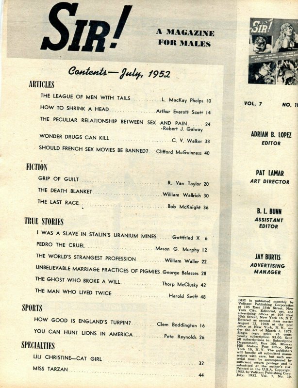 Sir! Magazine July 1952-Head Shrinking-Lily Christine-R. Turpin FN ...