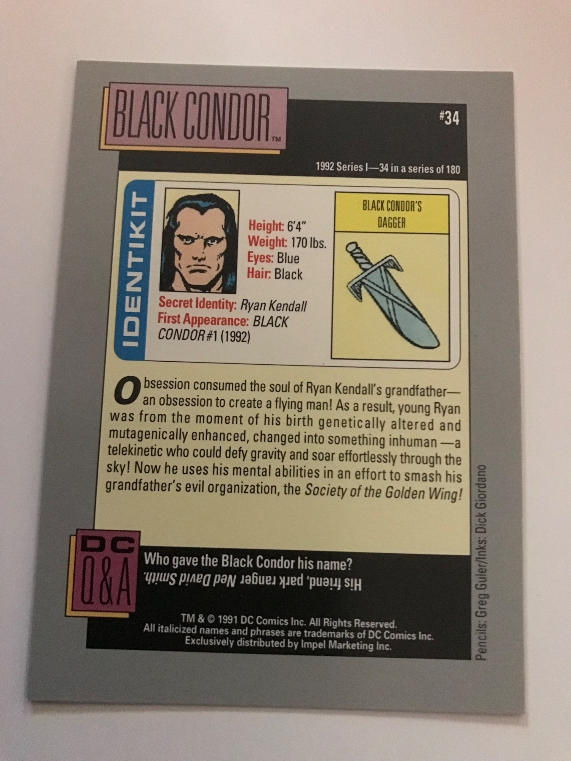 BLACK CONDOR #34 card : 1992 DC Universe Series 1, NM/M, Impel | Comic ...