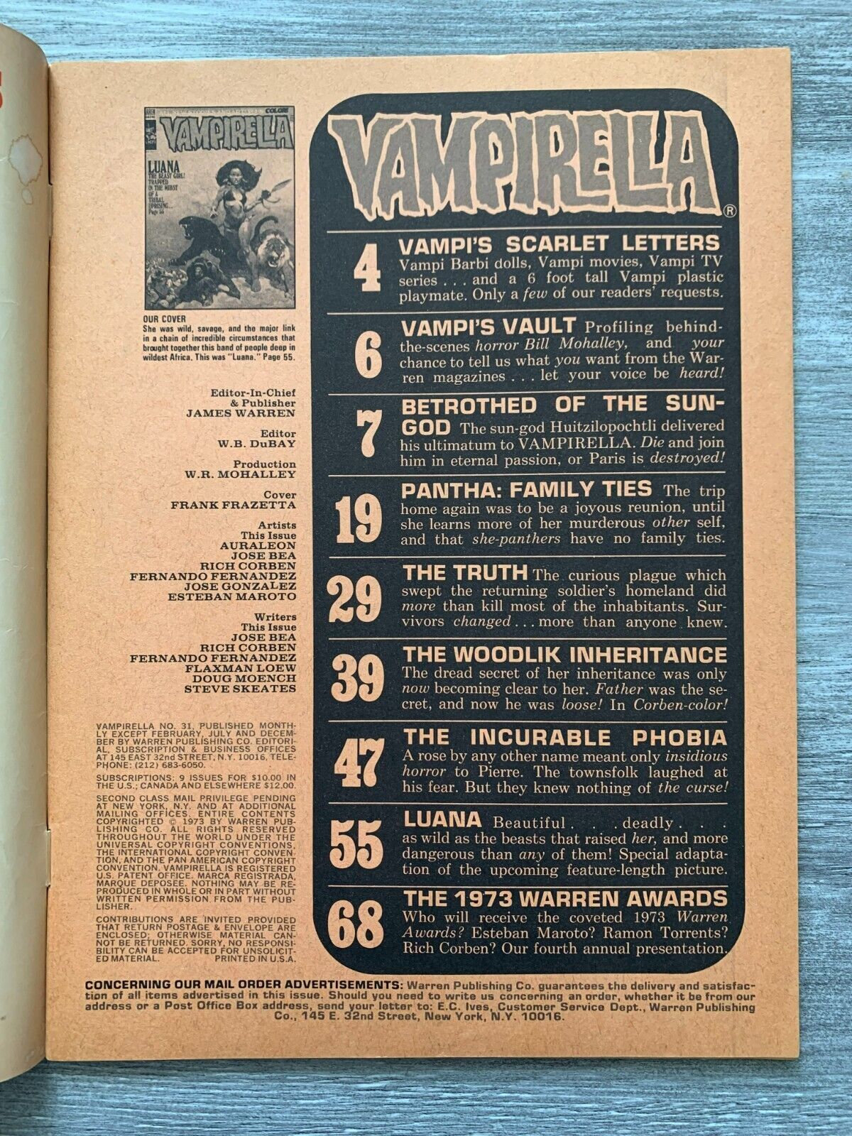 1974 VAMPIRELLA Warren Magazine #31 VG+ 4.5 Frank Frazetta Luana Cover ...