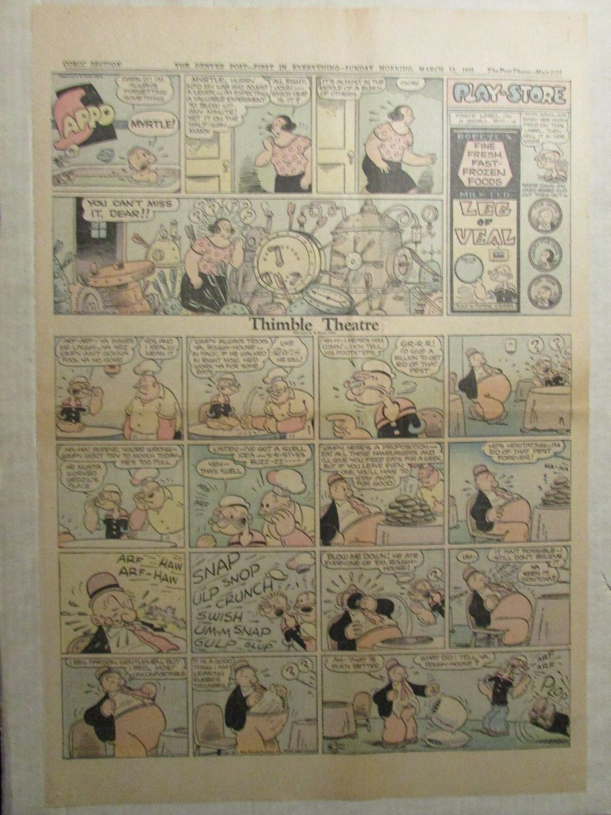 1942 March 15 SUNDAY COMIC PAGE 15x21" FN 6.0 Popeye / Mickey Mouse ...