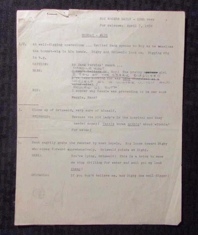 1958 ROY ROGERS Daily Newspaper Strip Script w/ Thumnail Sketches VG 4. ...