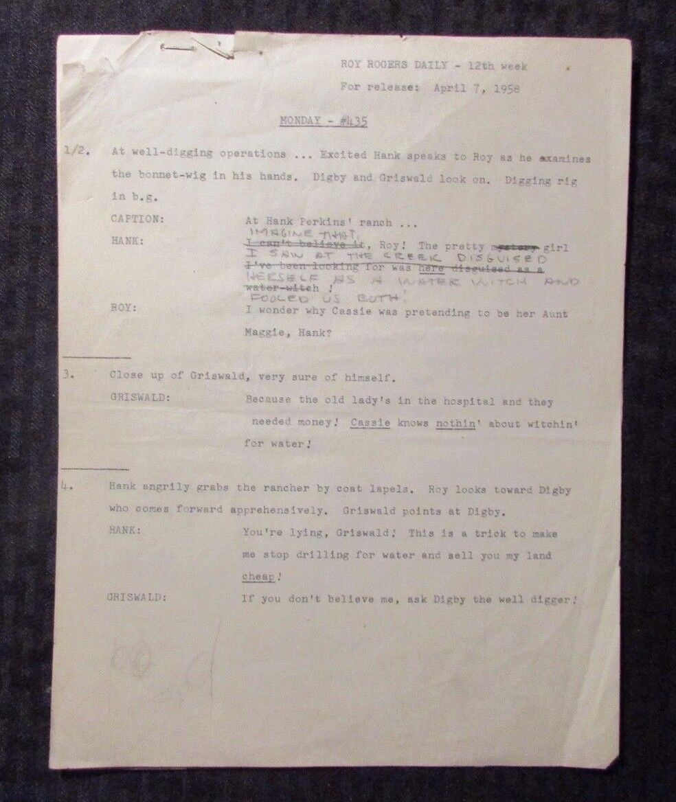 1958 ROY ROGERS Daily Newspaper Strip Script w/ Thumnail Sketches VG 4. ...