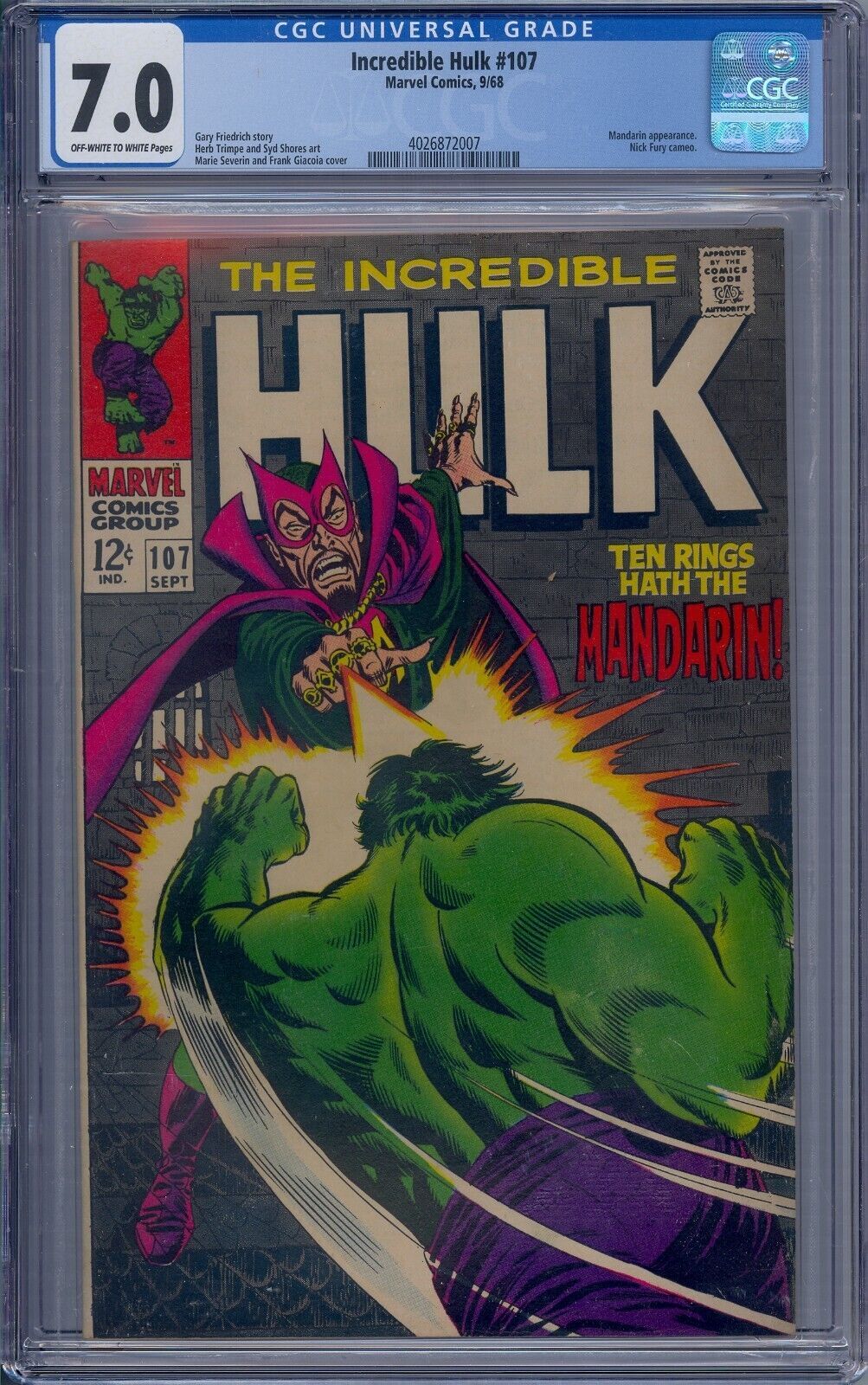 Incredible Hulk #107 CGC 7.0 Mandarin Nick Fury Herb Trimpe | Comic ...