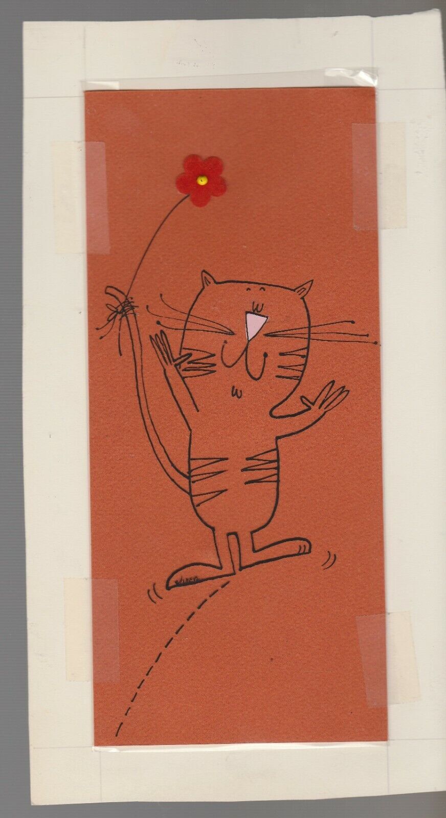 CARTOON CAT with Fed Fabric Flower 4x9" Greeting Card Art #703 | Comic ...