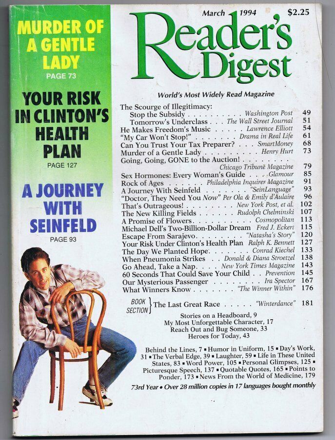 ORIGINAL Vintage March 1994 Reader's Digest No Label Jerry Seinfeld ...