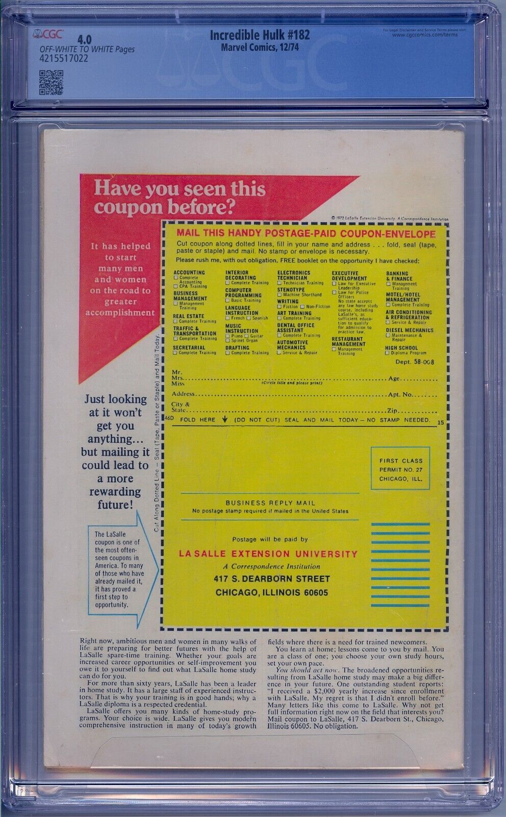 Incredible Hulk #182 CGC 4.0 2nd Wolverine Mark Jewelers Insert | Comic ...