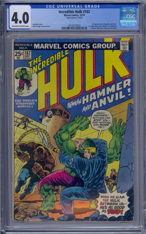 Incredible Hulk #182 CGC 4.0 2nd Wolverine Mark Jewelers Insert | Comic ...