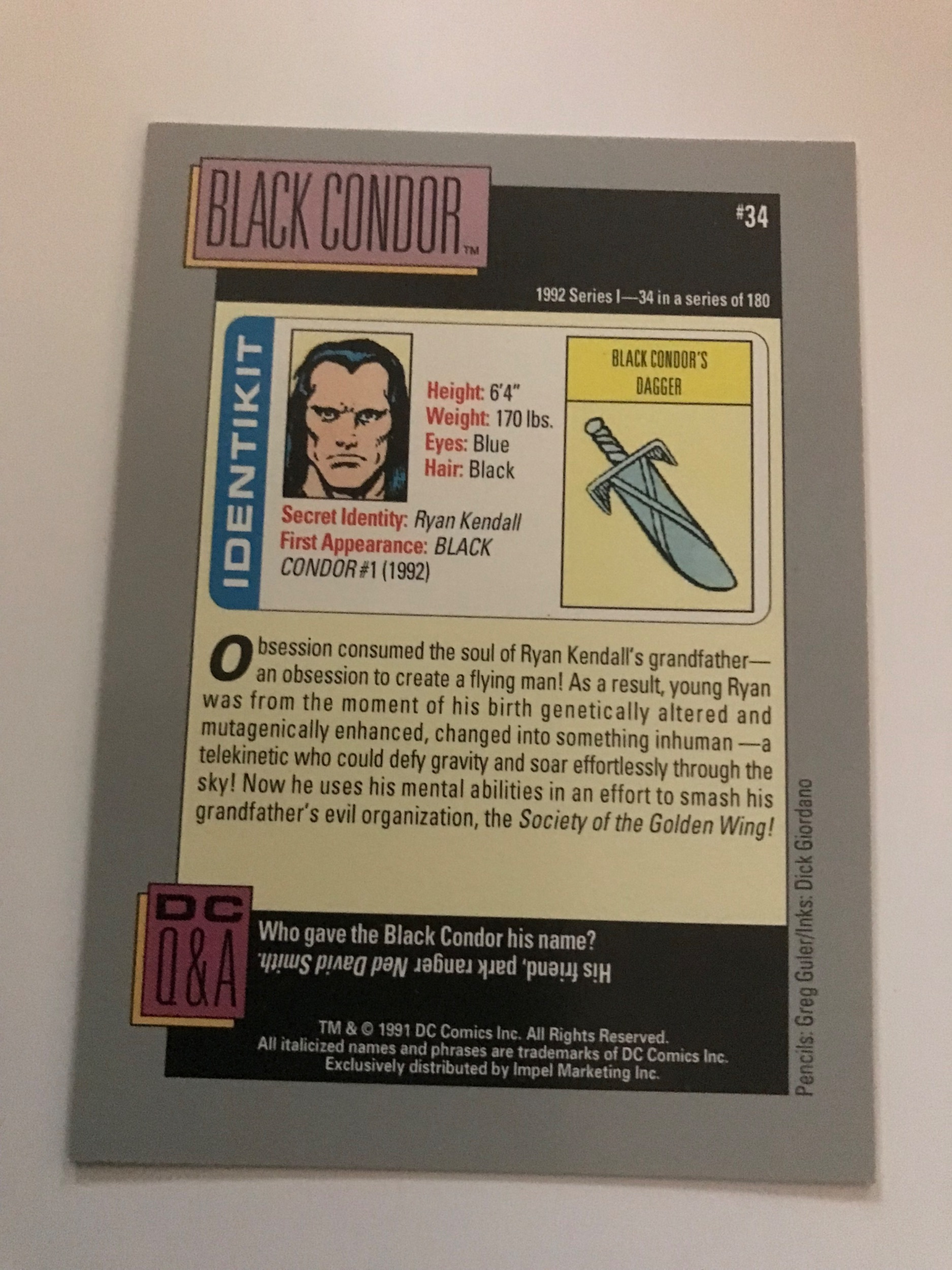 BLACK CONDOR #34 card : 1992 DC Universe Series 1, NM/M, Impel | Comic ...