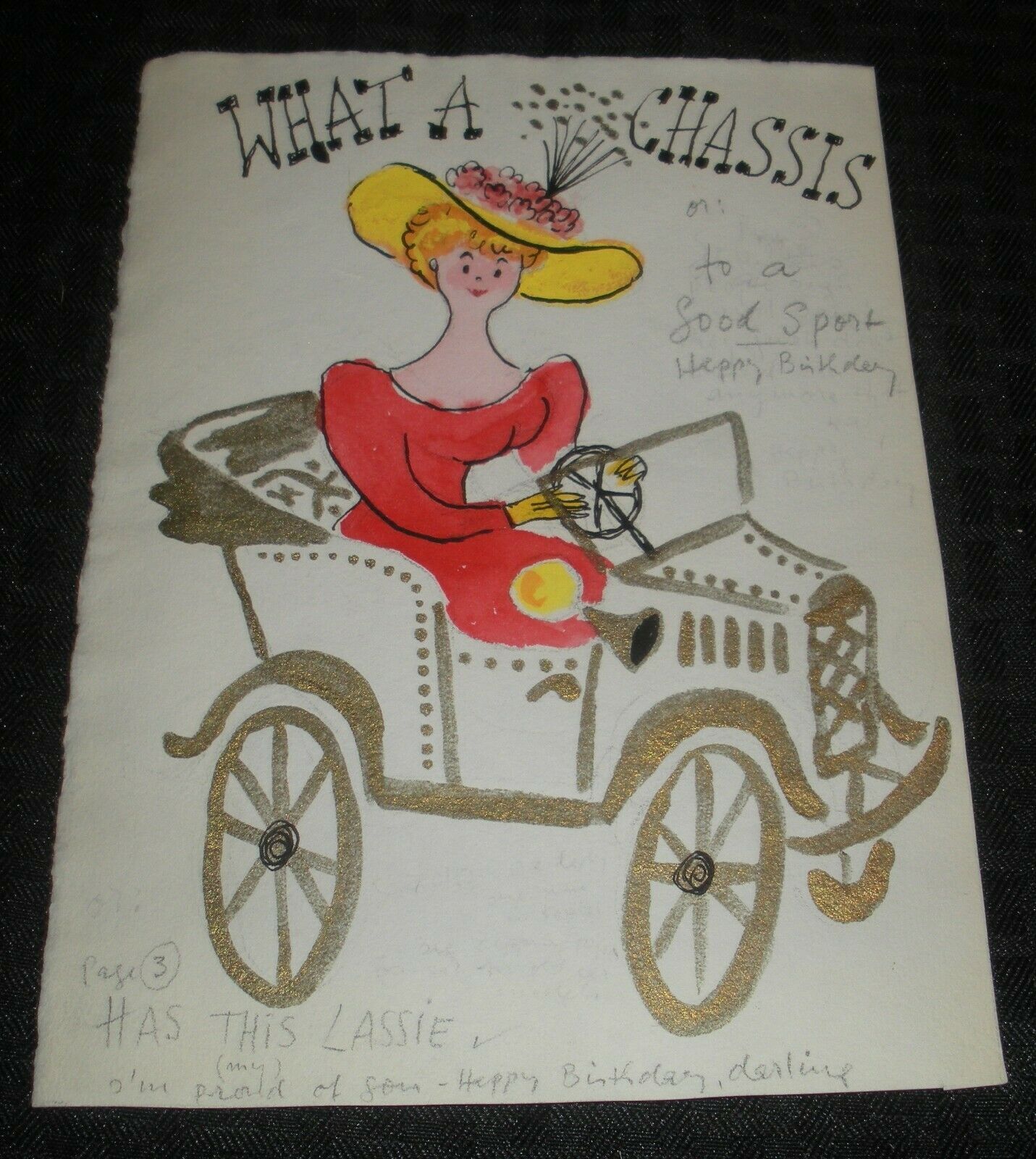 BIRTHDAY What a Chassis Woman in Antique Car 6.5x8.5" Greeting Card Art ...