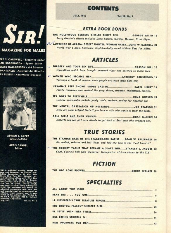 Sir! Magazine July 1962- Iris Bristol- Jerry Gieser- Lawrence of Arabia ...