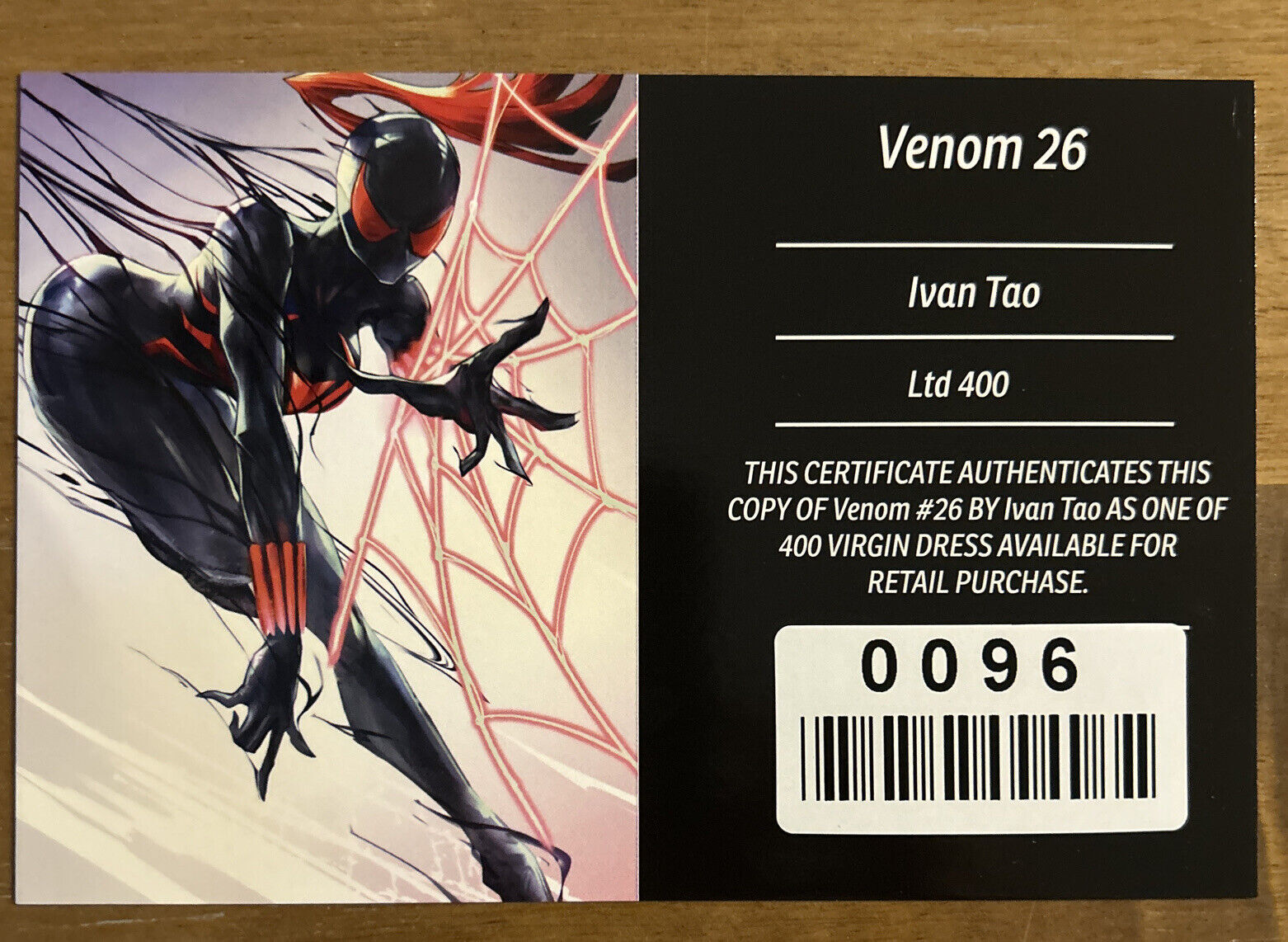 Venom #26 Ivan TAO Virgin Variant Ltd: 400 W/COA Black Widow Symbiote ...
