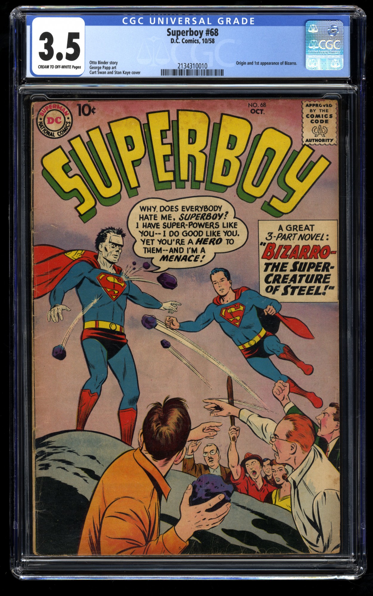 Superboy #68 CGC VG- 3.5 Cream To Off White 1st Bizarro! DC Comics ...