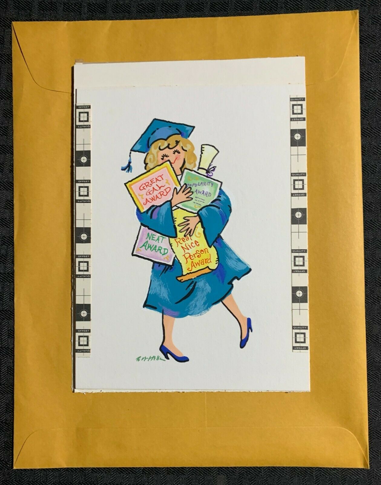 GRADUATION Girl Graduate Holding Awards 5.5x8" Greeting Card Art #G ...