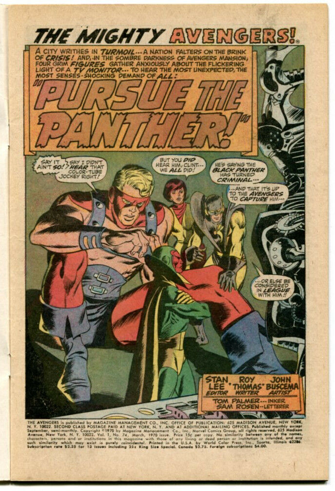 Avengers 74 VFNM 9.0 Marvel Vol 1 1970 Roy Thomas John Buscema Black ...