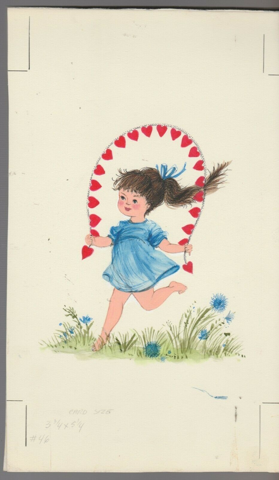 VALENTINES DAY Cute Girl Jumping Rope w/ Hearts 6.5x11" Greeting Card ...