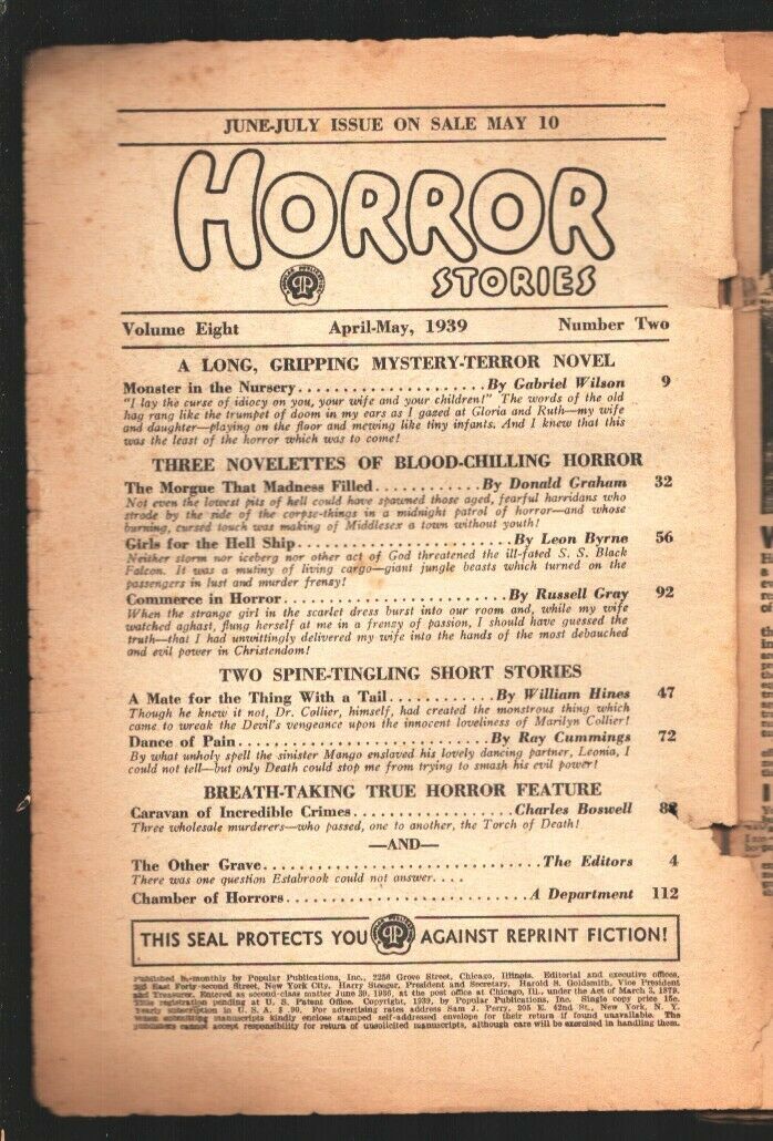 Horror Stories 4/1938-"-Weird menace pulp thrills-"Girls For The Hell ...