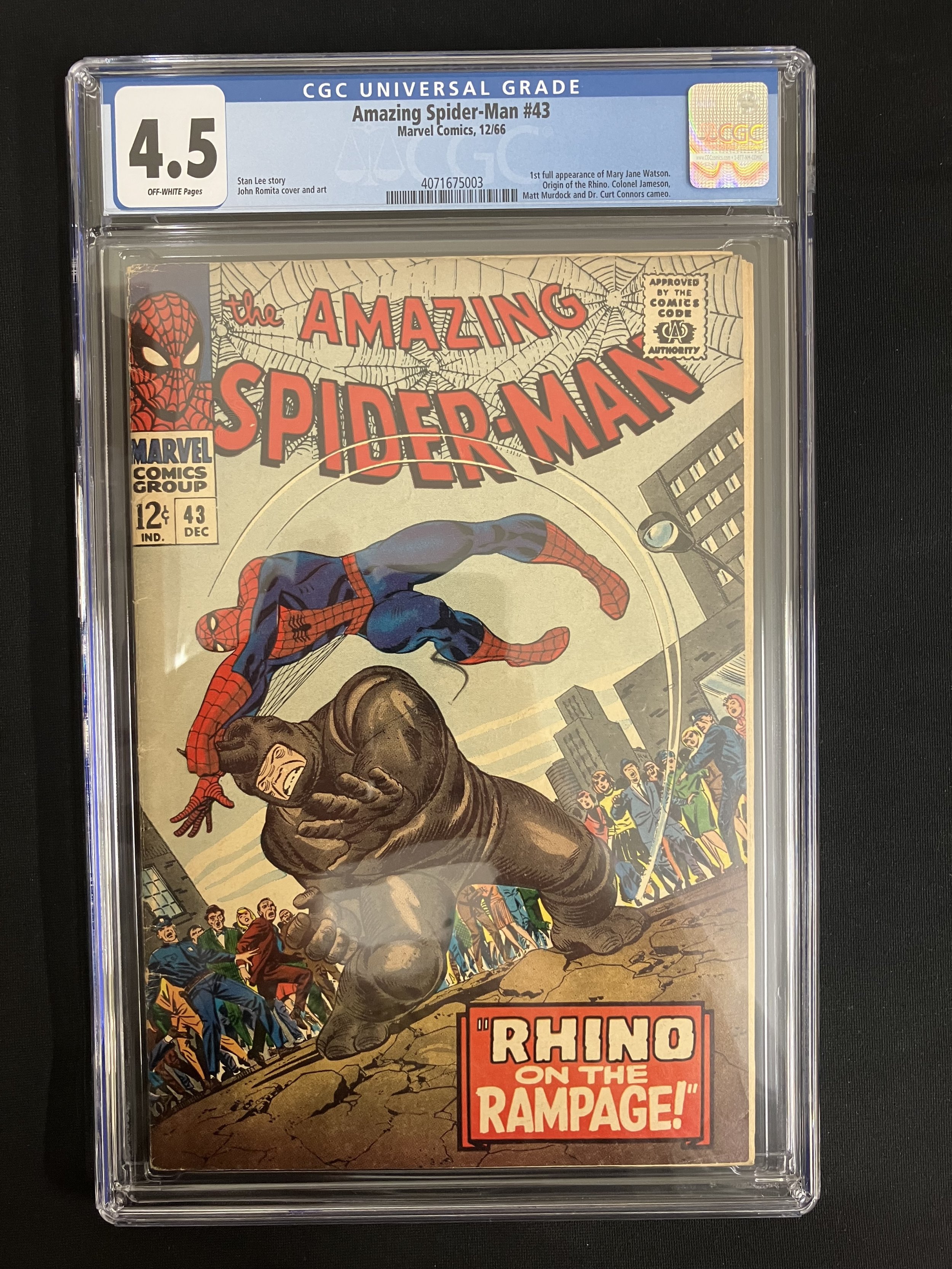 Amazing Spider-Man #43 CGC 4.5 (1966) 1st full Mary Jane! Rhino! OW pgs ...