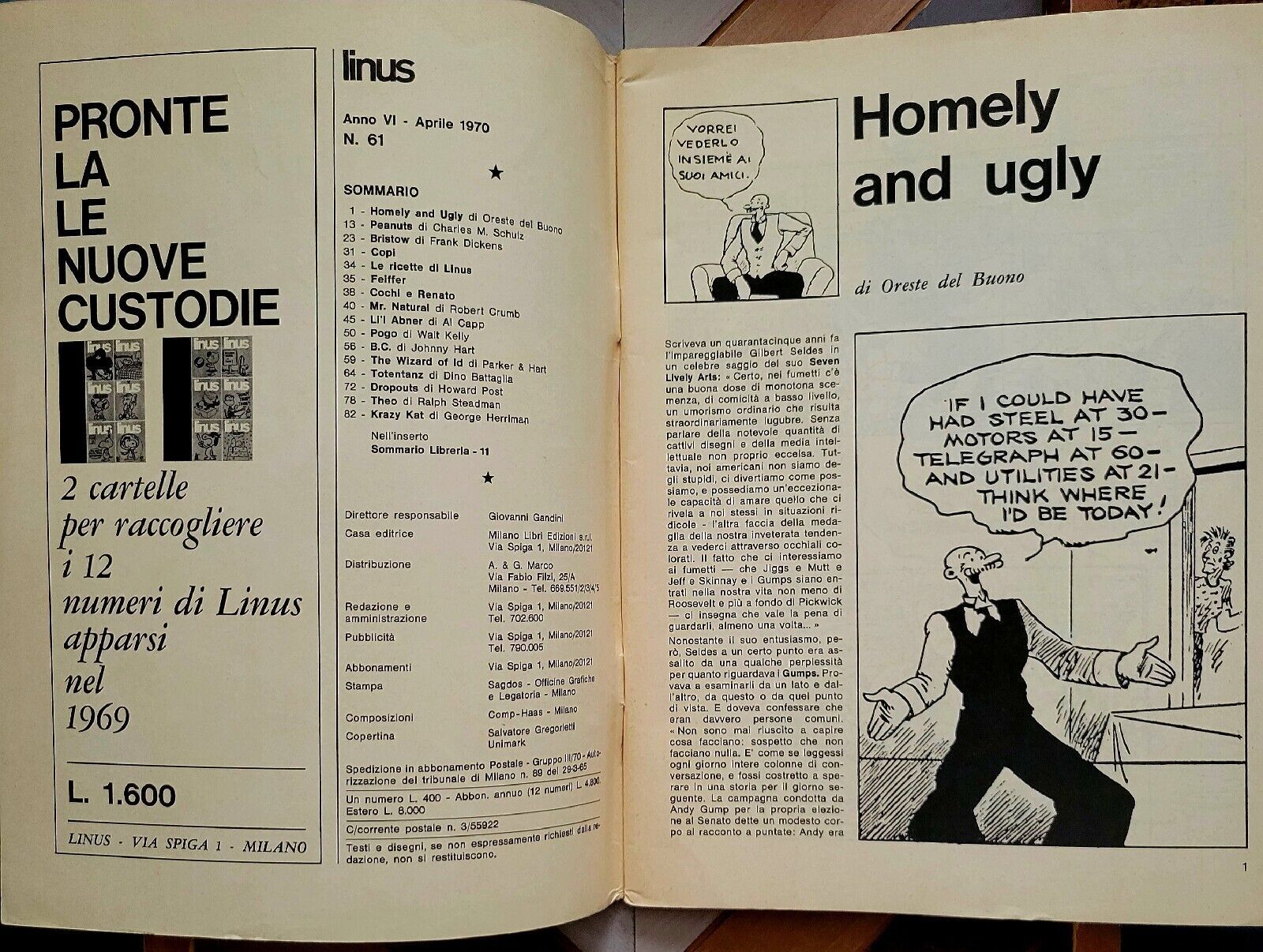 LINUS #61 FN/VF (Italian Comic Magazine Apr 1970) PEANUTS, MR NATURAL ...