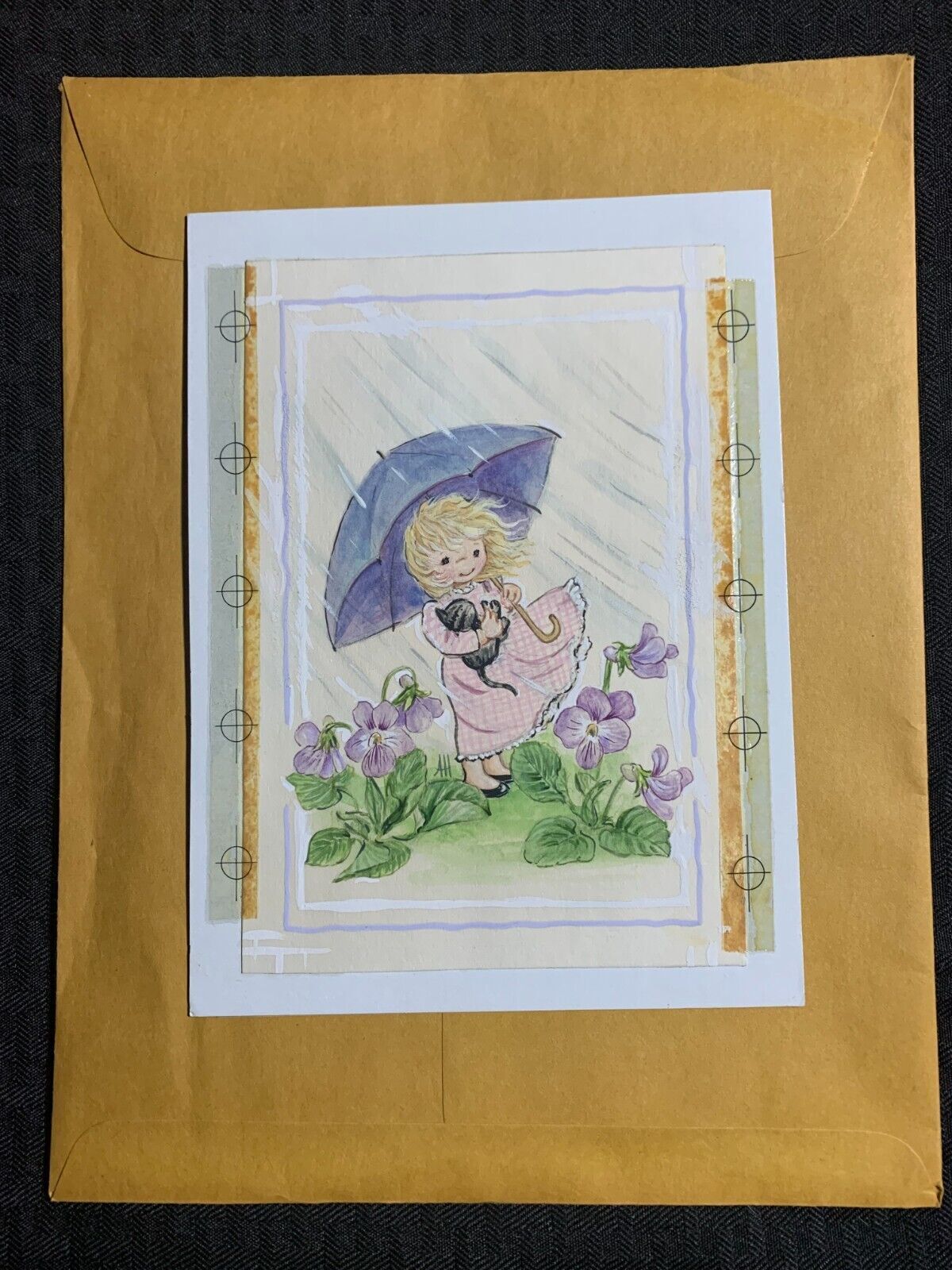 JUST STOPPING BY Cute Girl in Rain w/ Kitten 6x8.5" Greeting Card Art ...