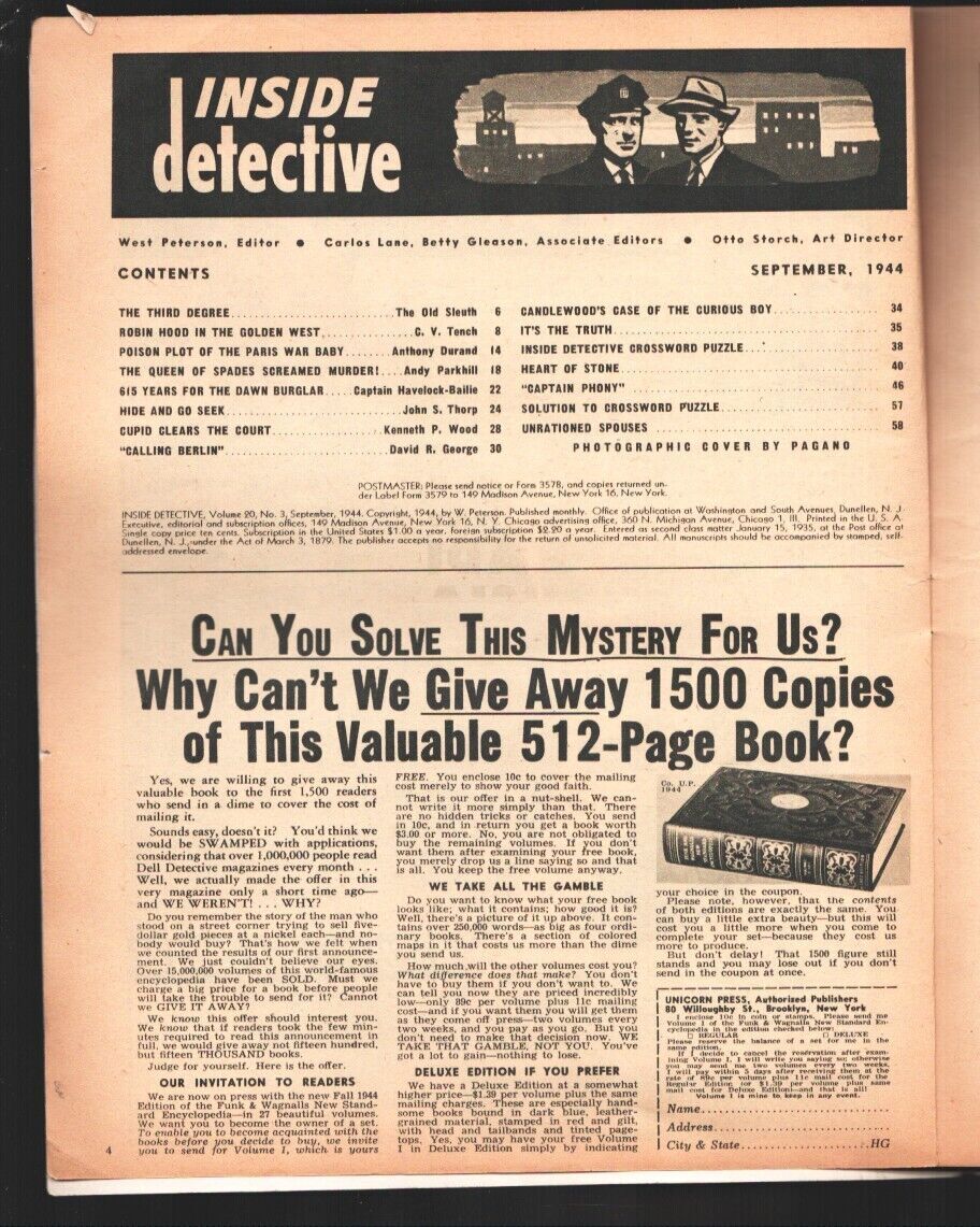 Inside Detective 9/1944-Dell-Great cover with playing card by Pagano ...