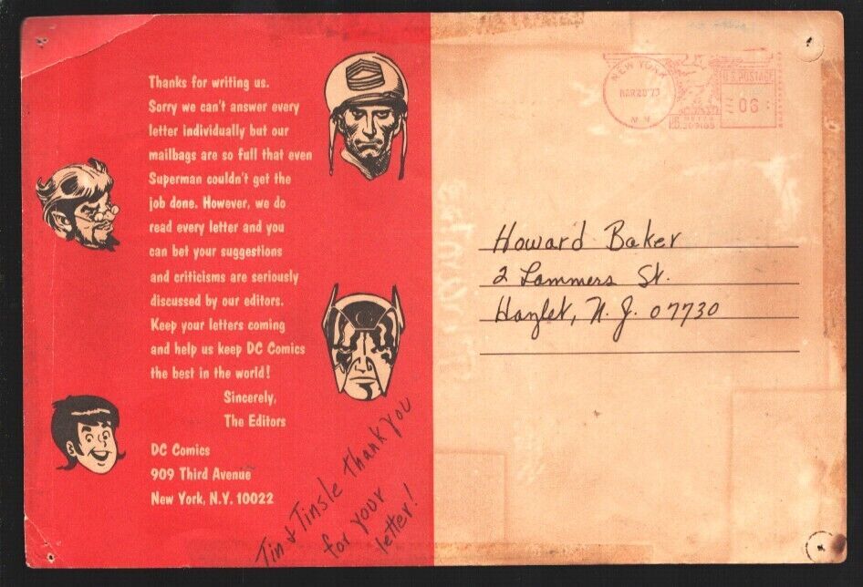 DC Comics Letter To Editor Response Postcard 3/1973-Postcard sent to DC ...