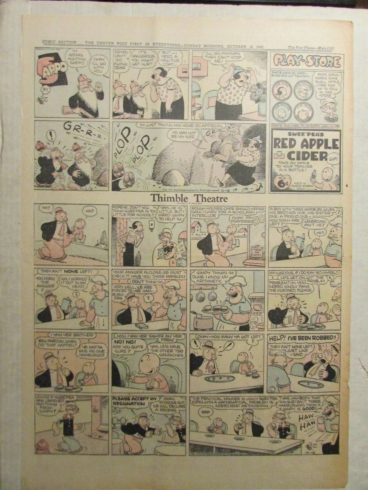 1942 Oct 18 SUNDAY COMIC PAGE 15x21" FN 6.0 Popeye / Mutt & Jeff ...
