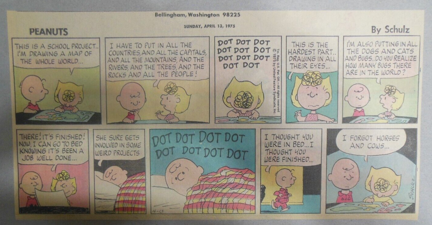 Peanuts Sunday Page by Charles Schulz from 4/13/1975 Size: ~7.5 x 15 ...