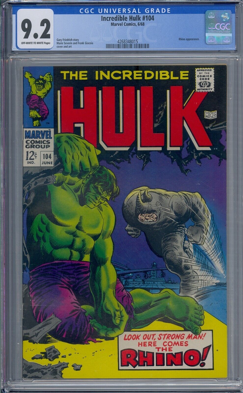 Incredible Hulk #104 CGC 9.2 Rhino Marie Severin | Comic Books - Silver ...