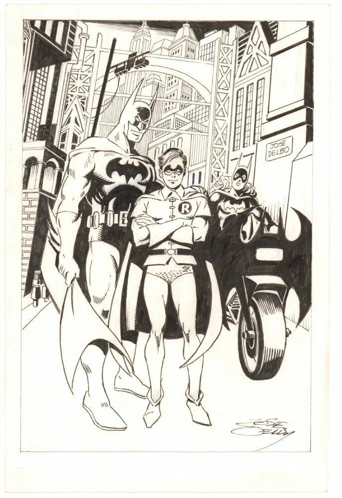 Batman, Robin, & Batgirl in Gotham City - Signed art by Jose Delbo ...