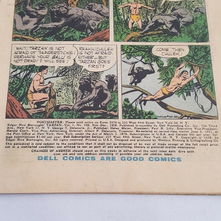 Edgar Rice Burroughs TARZAN #109 Dell Nov 1958 2.0 GD Jungle Comic ...