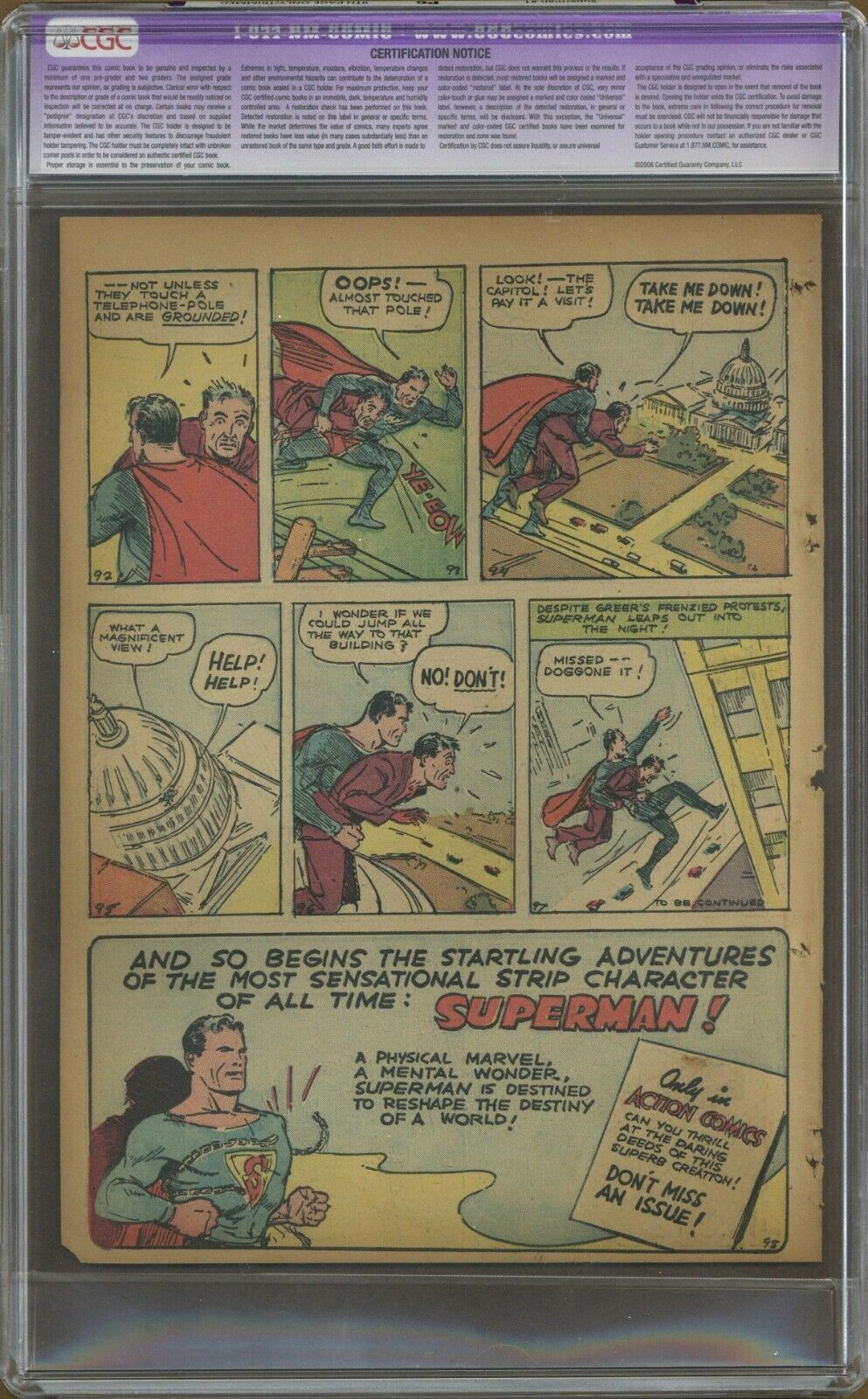 Superman #1 Page 9 ONLY CGC PG Reprints Last 2pgs 1st Story from Action ...