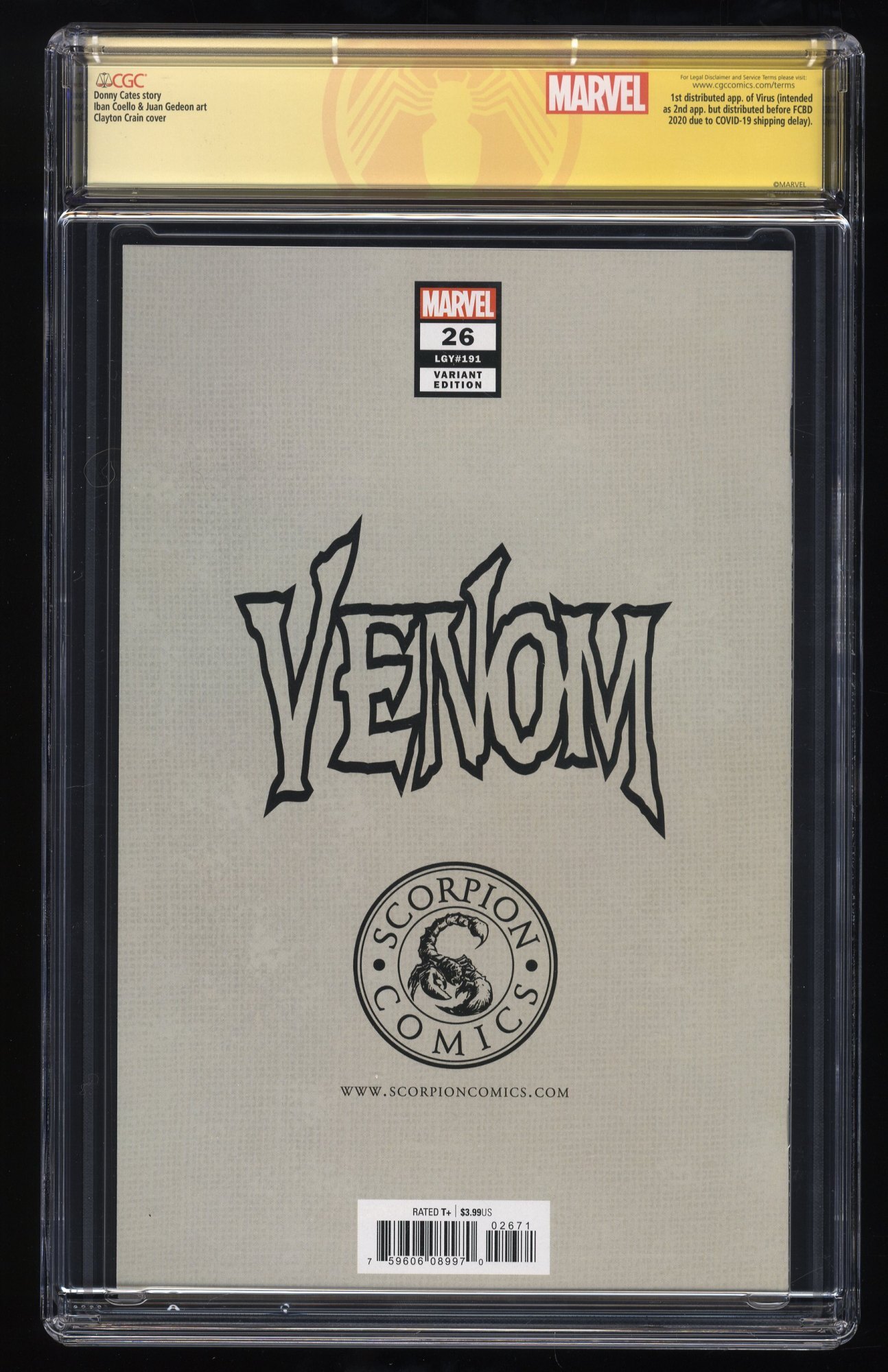 Venom #26 CGC NM/M 9.8 Signed SS Clayton Crain Scorpion Comics Variant ...