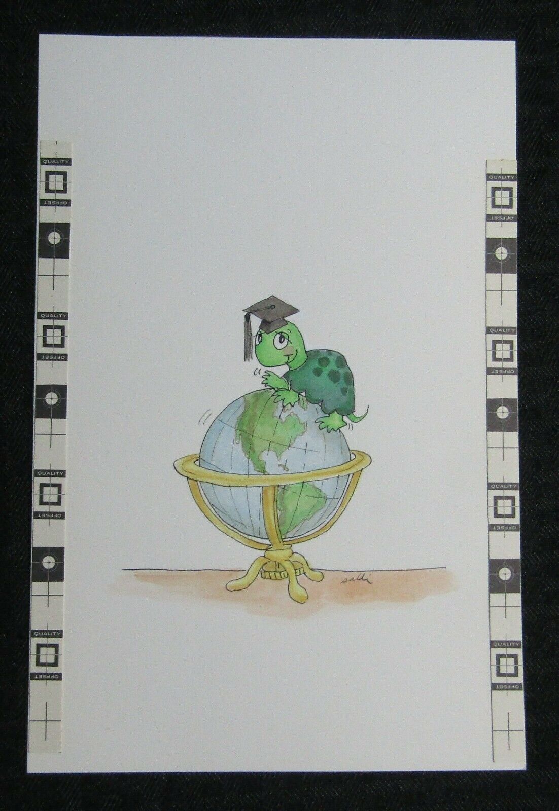 GRADUATION Cartoon Turtle on Globe w/ Cap 7.5x10" Greeting Card Art # ...