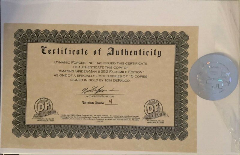 Amazing Spiderman 252 Facsimile Variant Edition Signed in Gold by TOM ...
