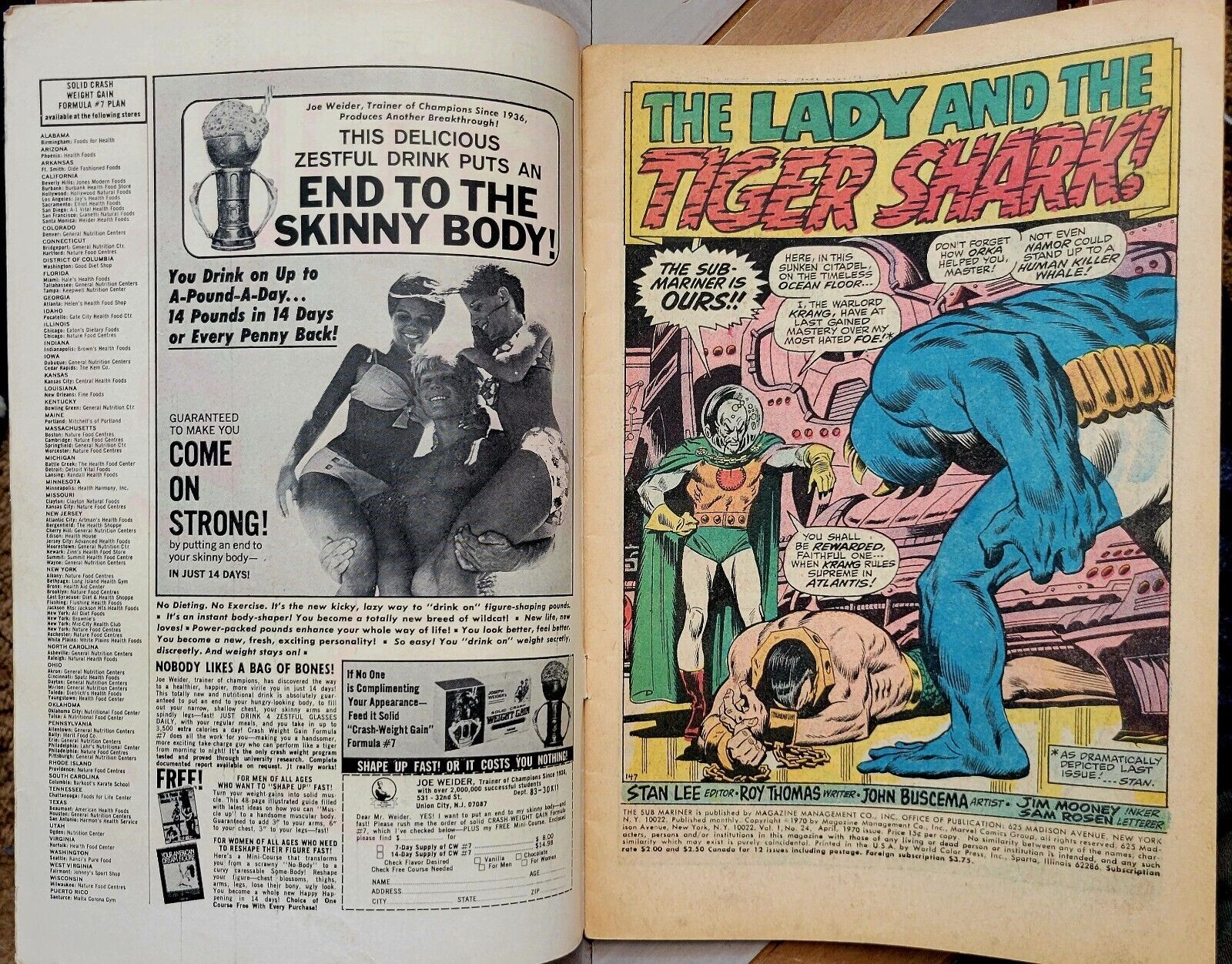 Sub-Mariner #24 VG (Marvel 1970) TIGER SHARK, LADY DORMA, ORKA, Buscema Cover | Comic Books ...