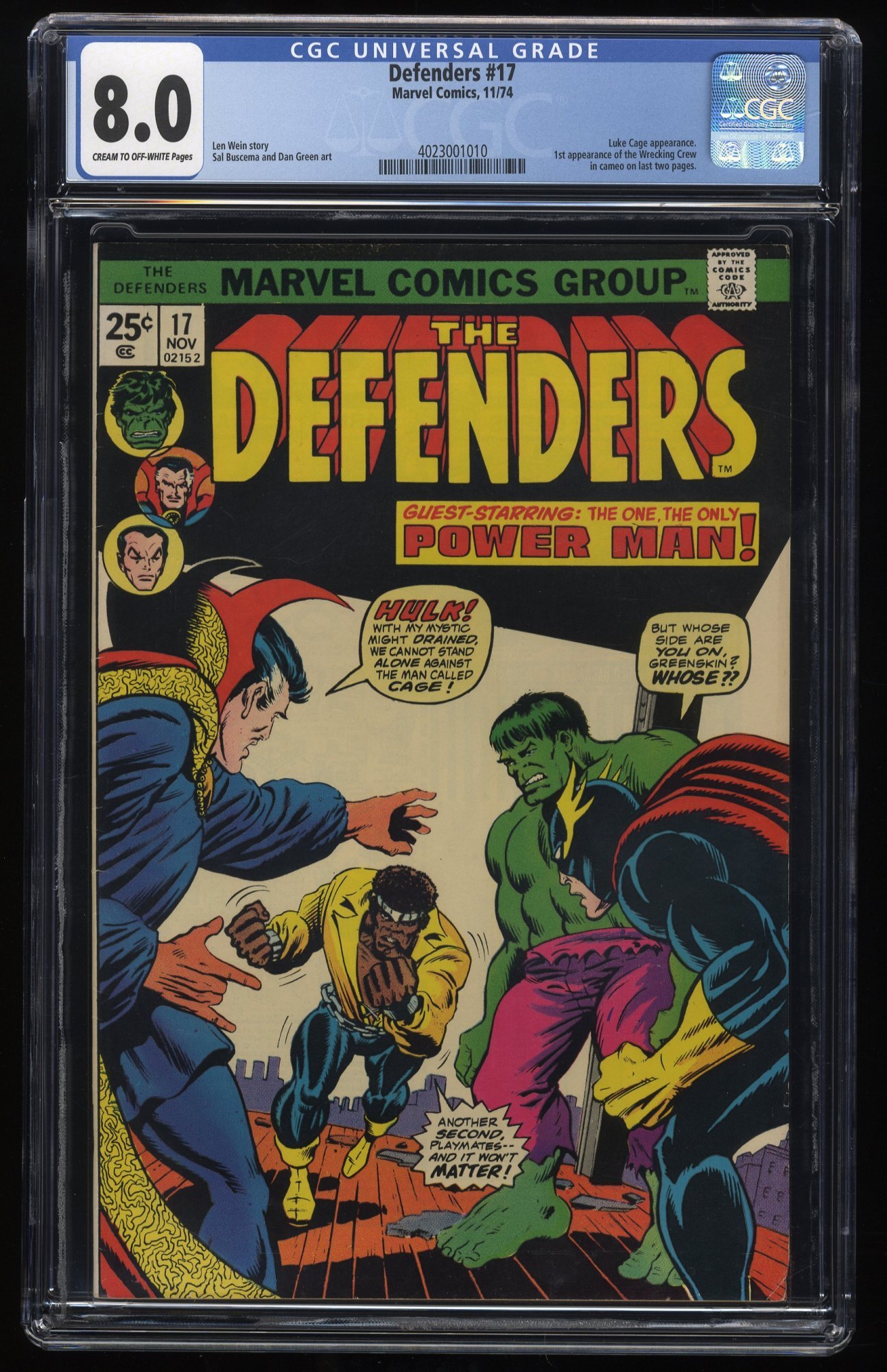 Defenders #17 CGC VF 8.0 Hulk Dr. Strange Luke Cage 1st Wrecking Crew ...