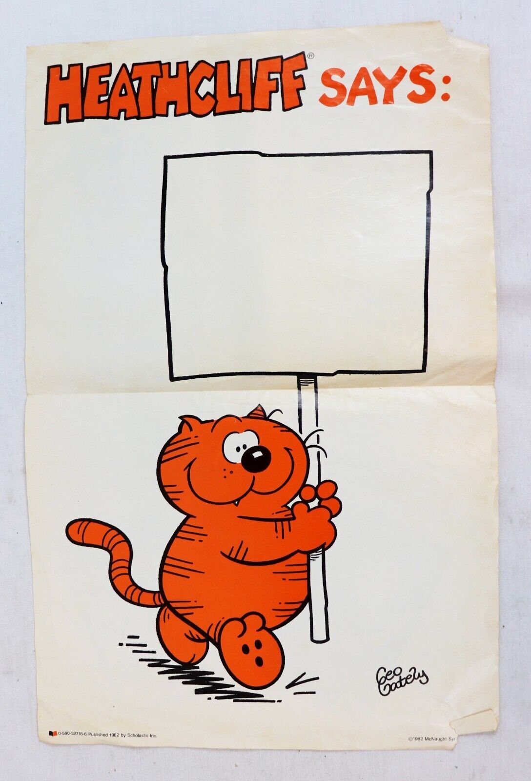 VINTAGE 1982 Scholastic Heathcliff Says Folded Poster McNaught George ...